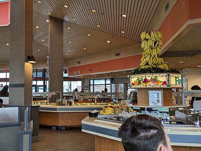 Another angle reveals the thoughtful design of the space &ndash; high ceilings, natural light, and a layout that makes navigating between buffet stations a breeze.