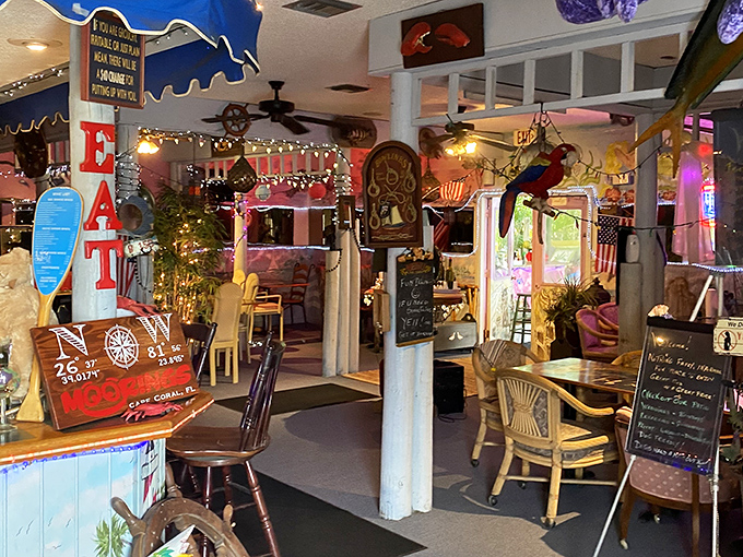 Another angle reveals more maritime treasures adorning the walls &ndash; eating here is like dining inside a delightfully eccentric ship captain's living room.