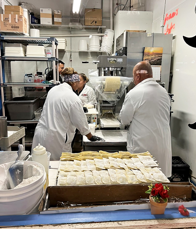 Behind the scenes magic! White-coated pasta artisans transforming simple flour and eggs into edible geometry that would make Italians proud.