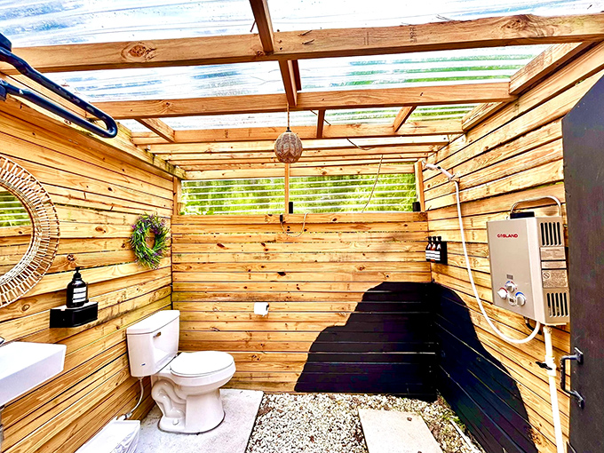 Even the bathroom embraces the outdoor spirit&mdash;a wooden oasis where showering feels like a spa treatment in the forest.