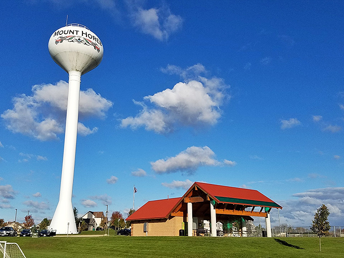 Sunrise Park offers green space and recreation under the watchful eye of the town's distinctive water tower.