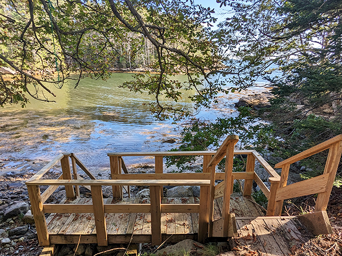 Rustic wooden steps descend to the water's edge &ndash; an invitation to dip your toes into the refreshing embrace of Maine's coastal waters.