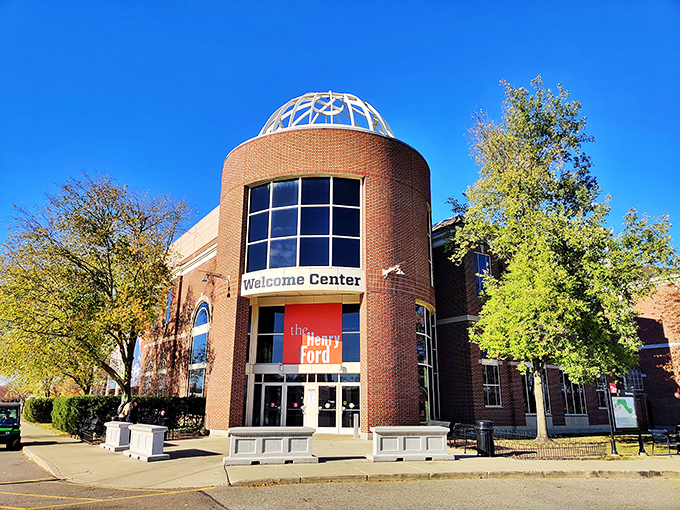 The Henry Ford's Welcome Center beckons history enthusiasts with its distinctive dome, promising treasures of American innovation inside.