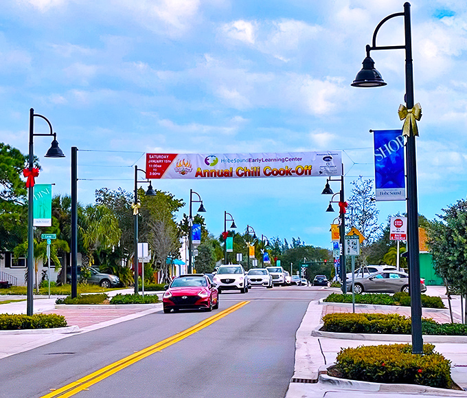 The Annual Chili Cook-Off banner stretches across Bridge Road &ndash; where community spirit simmers as hot as the competition.