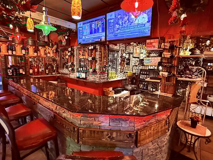 A gleaming counter promises liquid happiness to complement your carb-loaded feast, with colorful bottles standing at attention.