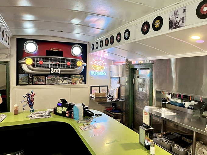 The heart of any great diner &ndash; Angel's counter area features classic car memorabilia, vinyl records, and front-row seats to the cooking action.