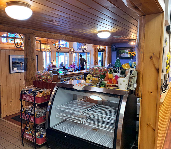 The service counter showcases daily pie offerings and treats, a display case of temptation that few can resist.