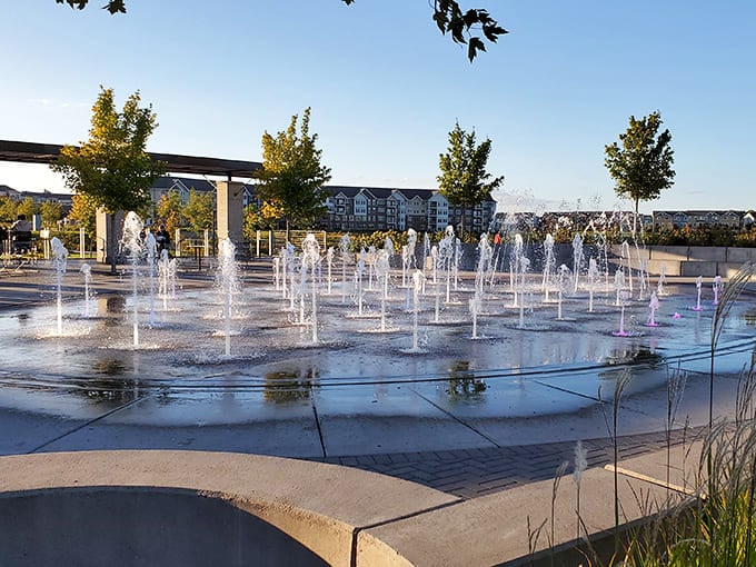 The splash pad area sits quiet in winter, patiently waiting for warmer days when water replaces ice as the main attraction.