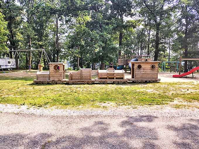 All aboard the imagination express! This wooden train playground has launched countless childhood adventures without leaving the station.