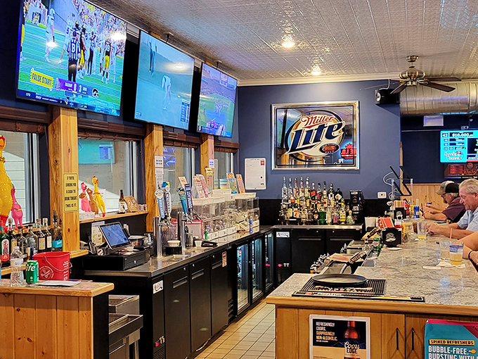 The bar area offers cold drinks and warm conversation &ndash; the perfect place to debate important topics like "thigh versus drumstick" with newfound friends.