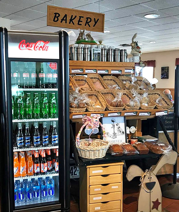 The bakery corner tempts with fresh-baked treasures while cold drinks stand ready to wash down your feast &ndash; resistance is futile.