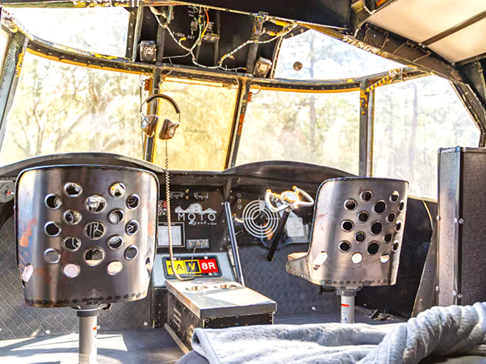 Pilot seats now serve a more leisurely purpose in this cockpit sitting area, perfect for morning coffee with a view.