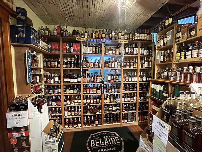 The bar shelves reach toward the ceiling, stocked with enough bottles to make any cocktail your heart desires, or help you discover something new.