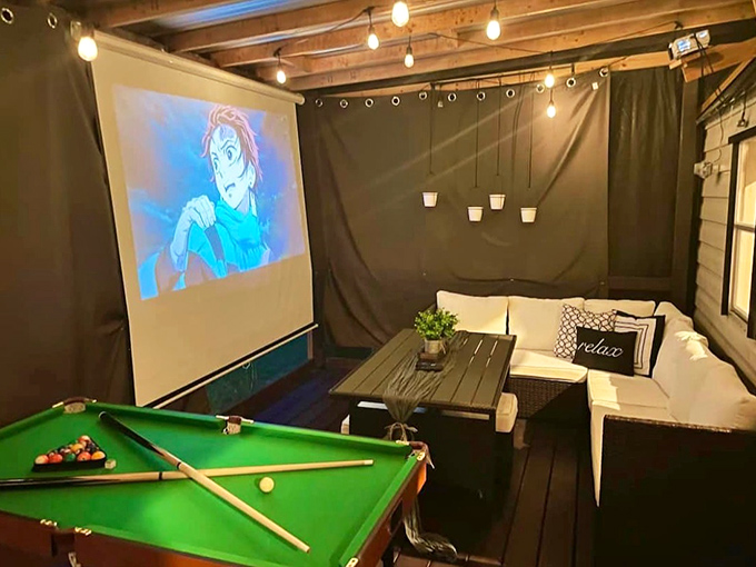 Game night gets an upgrade with pool, projector, and plush seating&mdash;because "roughing it" is clearly open to interpretation.