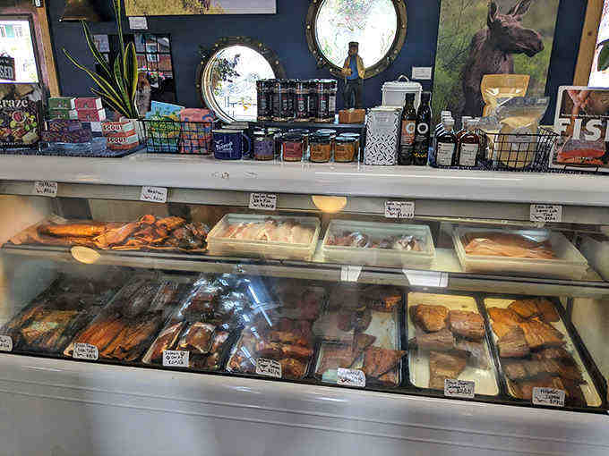 The fish display case showcases the day's fresh catches, a glistening array of options for those looking to bring Lake Superior's bounty home.