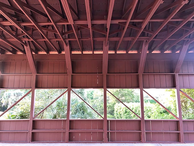 Looking up at the interior reveals the 25 truss rafters that have supported this structure through decades of Florida weather.