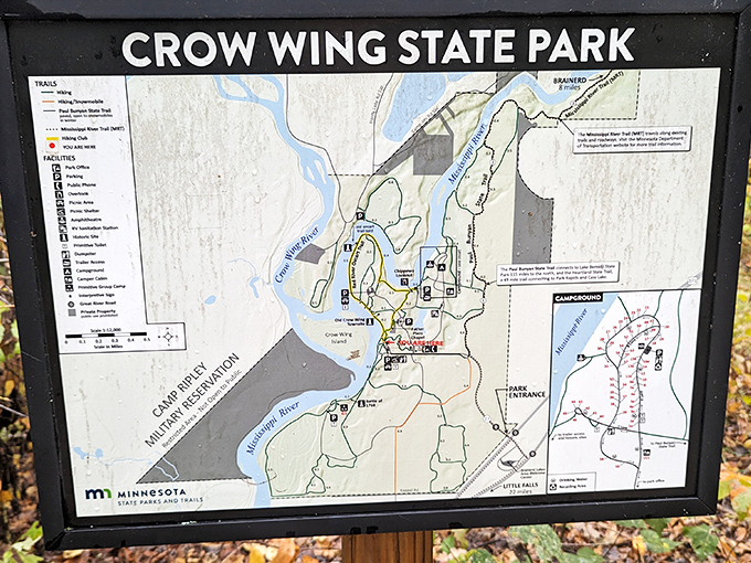 This trail map reveals Crow Wing's hidden treasures, a cartographic invitation to step back in time.