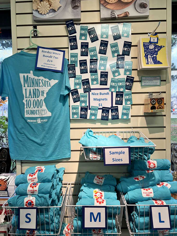 Minnesota pride on full display. The "Land of 10,000 Bundts" merchandise cleverly celebrates the state's delicious contribution to American baking culture.