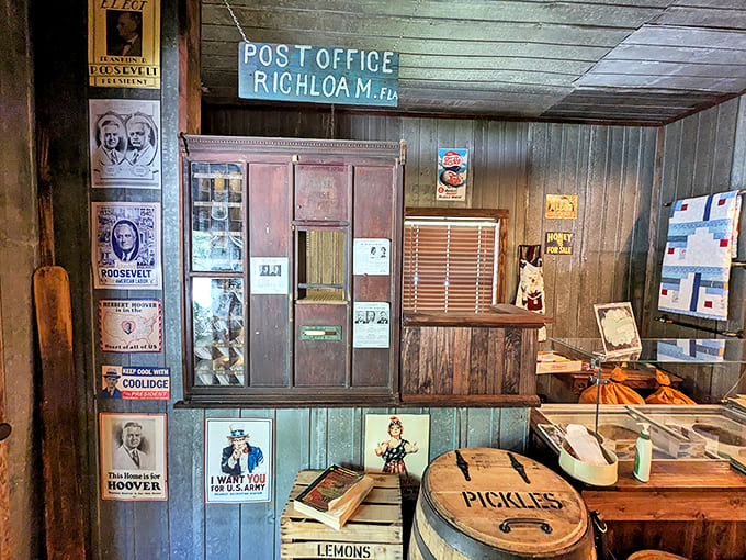 The vintage post office corner preserves a time when mail connected communities and presidential portraits watched over daily transactions.