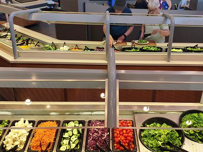 The salad bar stretches like a rainbow of freshness &ndash; a produce department where someone else did all the washing, chopping, and arranging.
