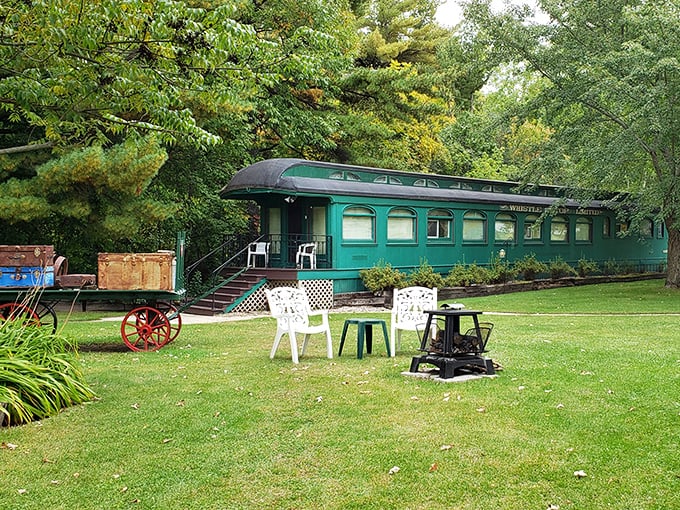 Railroad memorabilia and authentic crossing signals transform the grounds into an immersive experience for train enthusiasts of all ages.