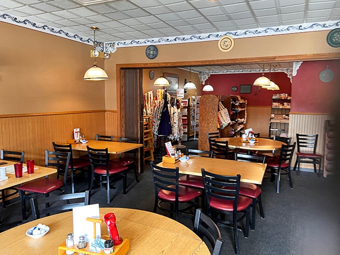 Simple wooden tables and chairs create the perfect backdrop for pie-based euphoria&mdash;no fancy frills needed when the food is this good.