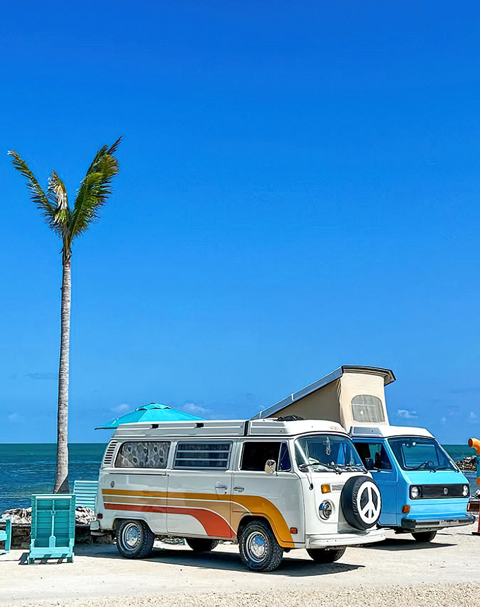 A vintage VW gathering creates the ultimate beach party, with turquoise chairs circling a firepit for sunset stories and stargazing.