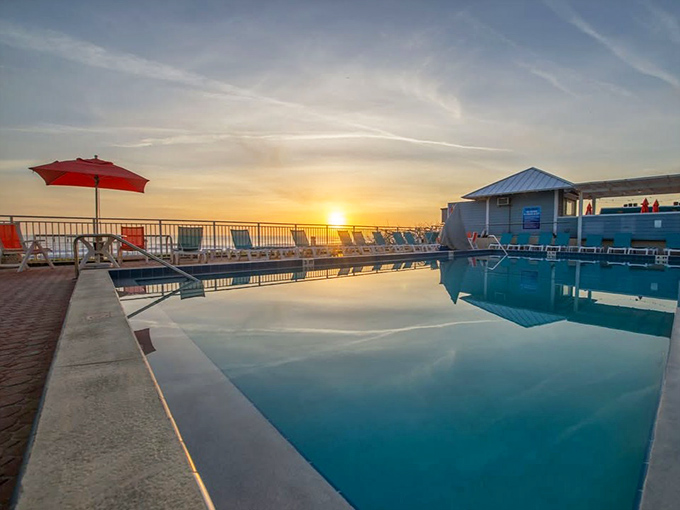 This beachfront pool captures sunset's golden hour, where swimmers enjoy the perfect compromise between ocean and oasis.