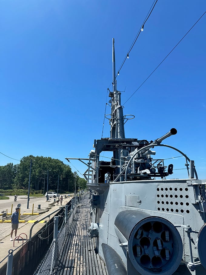 Walking the narrow deck gives visitors a taste of the precarious topside duties submariners performed during surface operations.