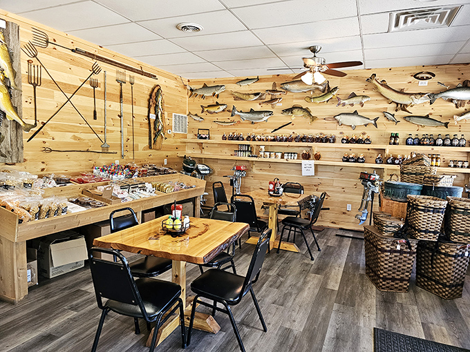 No-frills wooden tables surrounded by fishing memorabilia create the perfect backdrop for authentic Great Lakes dining experiences.