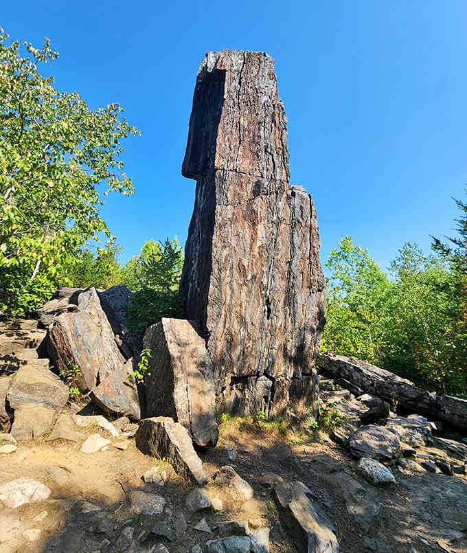 Sunlight bathes the monolith in golden light, highlighting the rich textures and mineral deposits in this ancient geological formation.