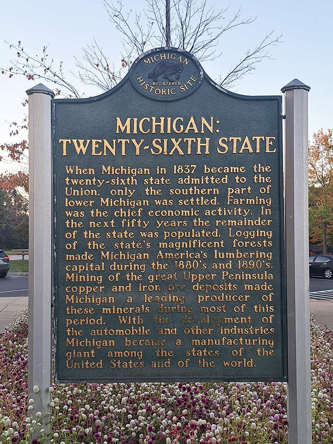 This bronze testament to Michigan's journey from frontier to industrial powerhouse reminds visitors they're entering a state with stories to tell.
