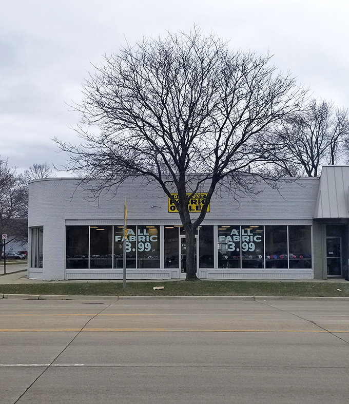 Winter's bare branches frame the fabric mecca, where inside, creativity blooms year-round regardless of Michigan's changing seasons.