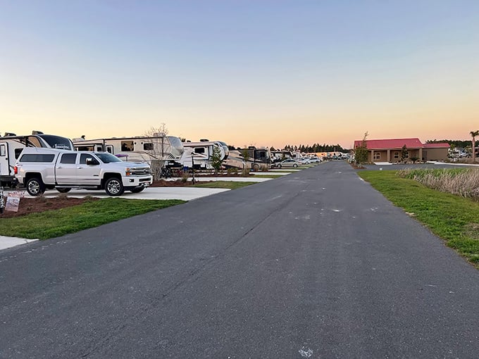 Morning light illuminates the peaceful pathways connecting RV sites, creating perfect routes for early risers seeking tranquility.