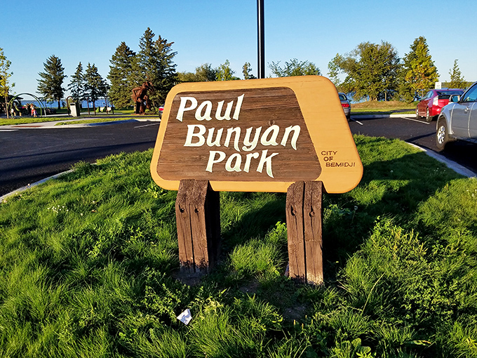 The Paul Bunyan Park sign stands as a humble introduction to Minnesota's most famous fictional resident and his azure companion.