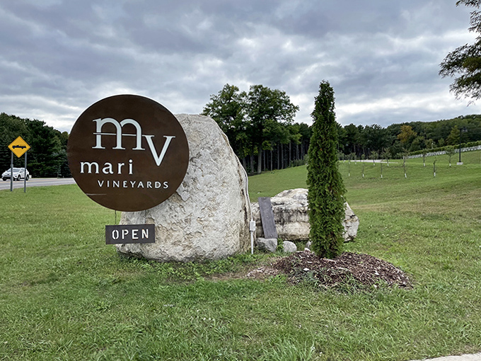 The entrance sign, set against rolling green hills, serves as your first hint that you're about to discover one of Michigan's most impressive wine destinations.