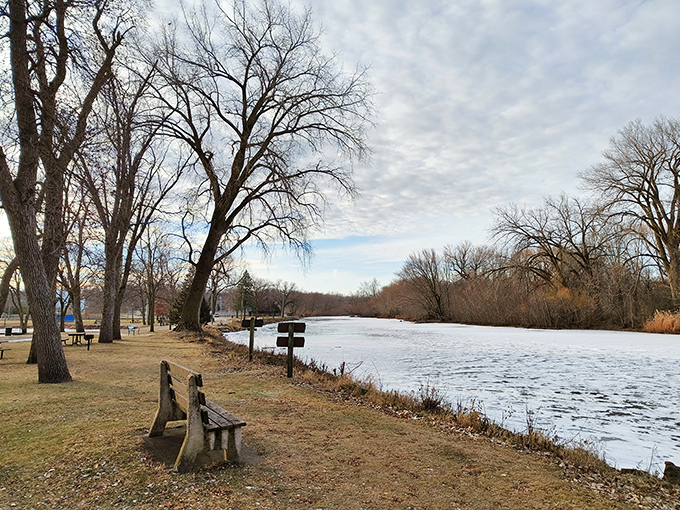 Winter transforms Owatonna's riverbanks into a serene landscape where contemplative bench-sitters brave the cold for nature's quiet show.