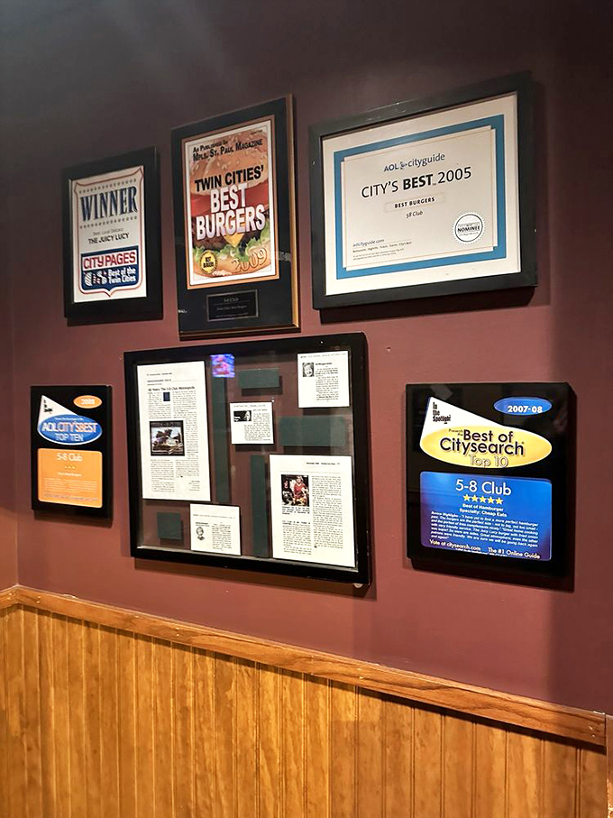 Wall-mounted awards tell the story of burger excellence &ndash; silent witnesses to decades of "Best Burger" victories and cheese-stuffed innovation.