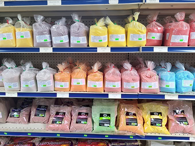 A rainbow of gelatin powders promises jiggly desserts in colors nature never intended but children have always delighted in.