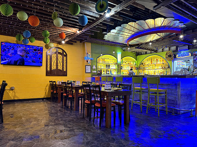 Maya's bar glows with promise, stocked with premium tequilas and ready to craft everything from classic margaritas to creative Mexican-inspired cocktails.