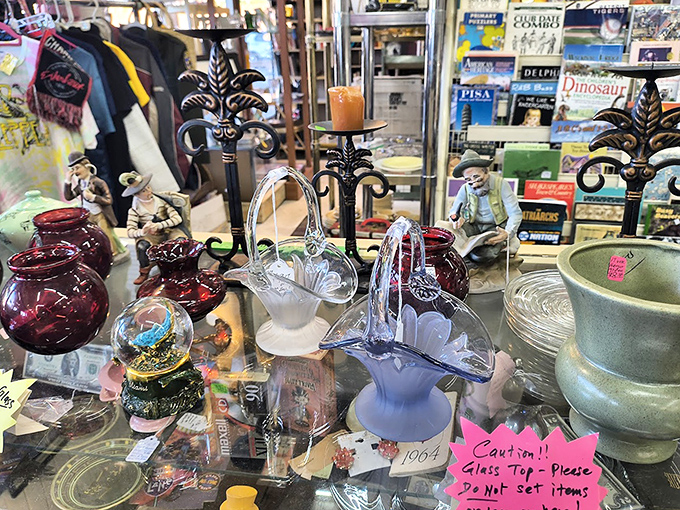 Delicate glassware catches the light and imagination. That basket-handled piece would make even your ordinary lemonade feel fancy and important.