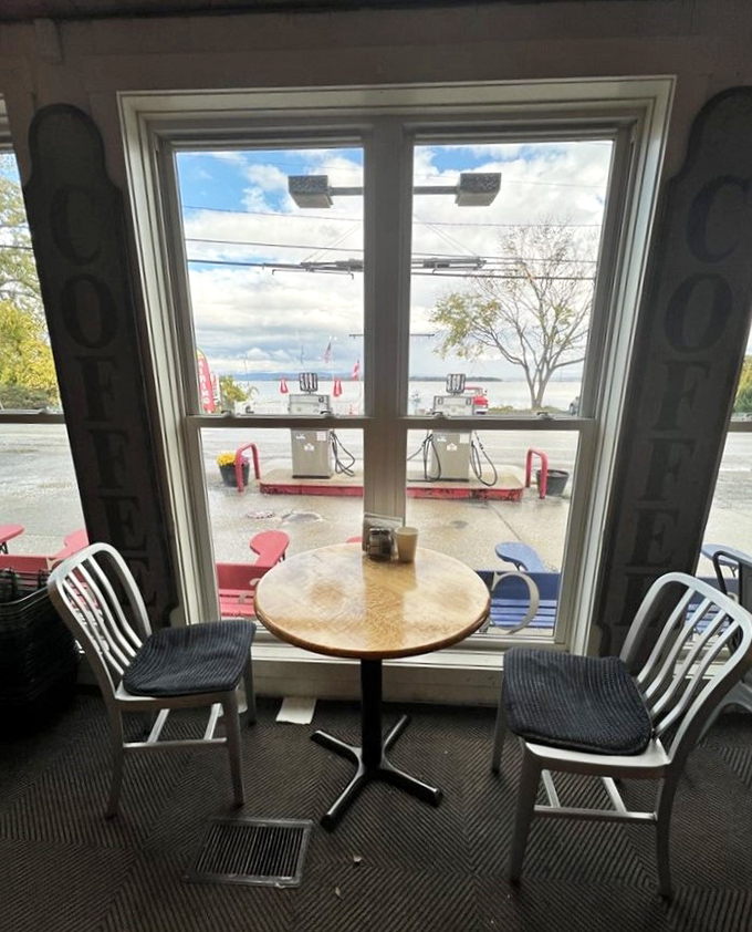 A cozy corner table offers the perfect vantage point for people-watching while savoring every bite of lunch.