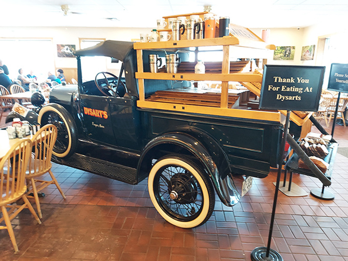 Vintage charm meets roadside practicality with this classic truck display &ndash; a nod to Dysart's trucker roots and enduring legacy.