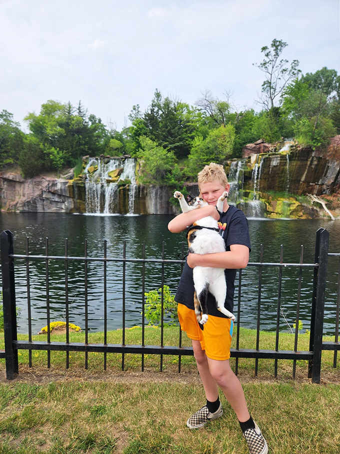 Even pets appreciate Daggett Memorial Park's natural beauty, though this cat seems more interested in its human than the world-famous waterfalls.