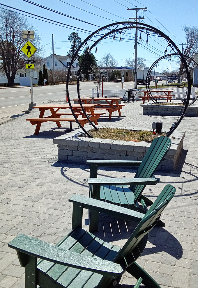 The outdoor seating area, where summer evenings transform into Maine's first food truck park during "Congdon's After Dark."