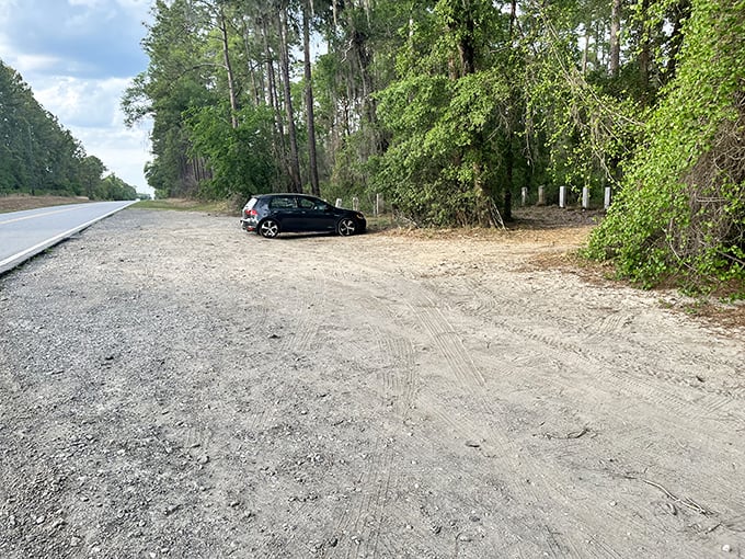 Roadside adventure: This unassuming parking area gives no hint of the underground wonders waiting just beyond the tree line.