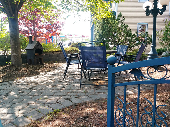 The patio offers peaceful seating where you can relax and pretend you're not staying in Minnesota's most charmingly haunted hotel.
