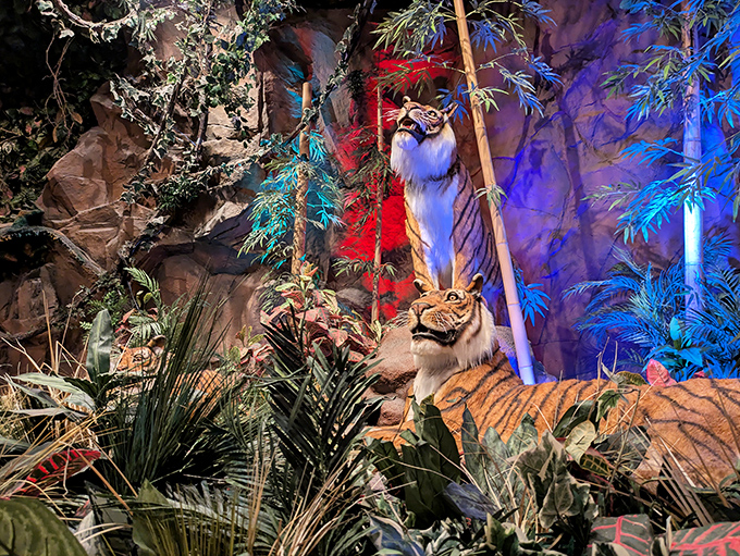 These mechanical tigers might not roar for your leftovers, but their lifelike appearance adds to the immersive dining experience.