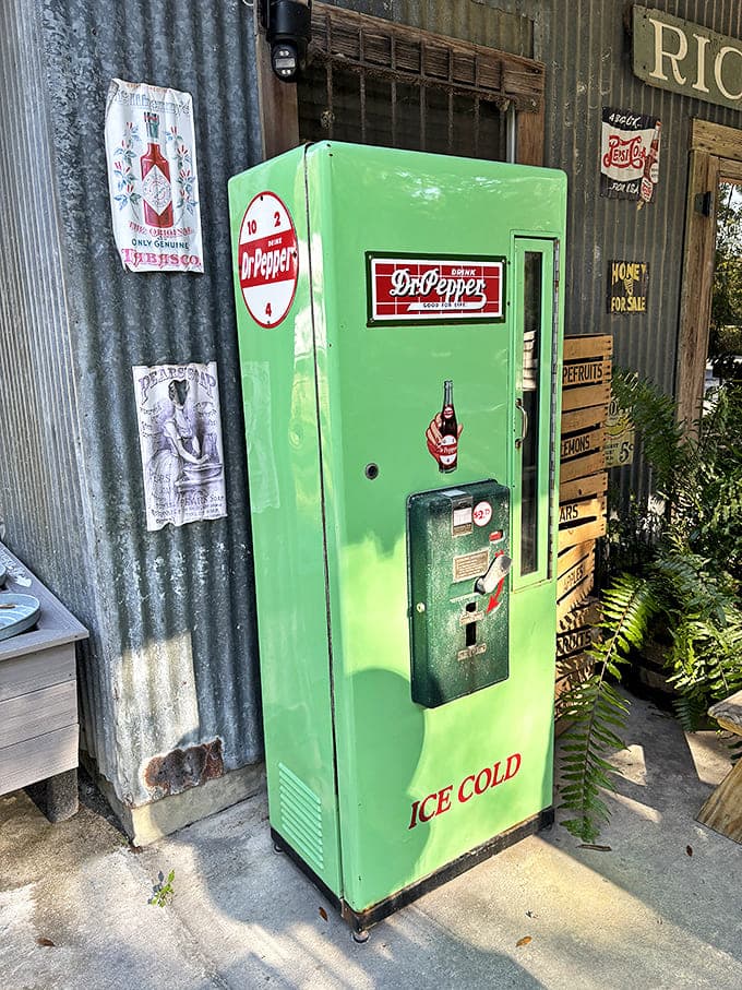 This mint-green Dr. Pepper machine isn't just decoration &ndash; it's a functioning time capsule dispensing cold refreshment just as it did decades ago.