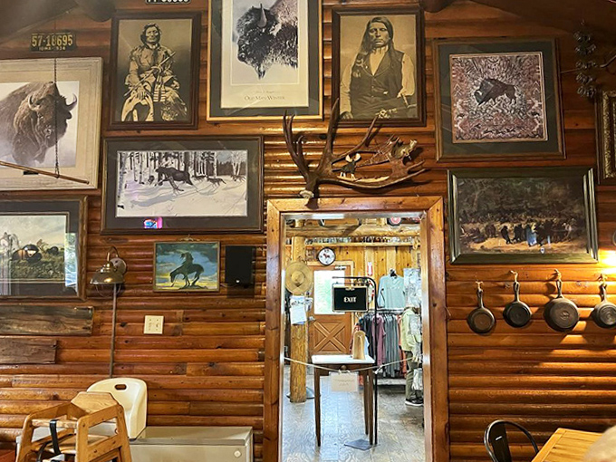 Wall decor that doubles as a history lesson&mdash;where Native American portraits share space with wildlife art and cast iron pans.